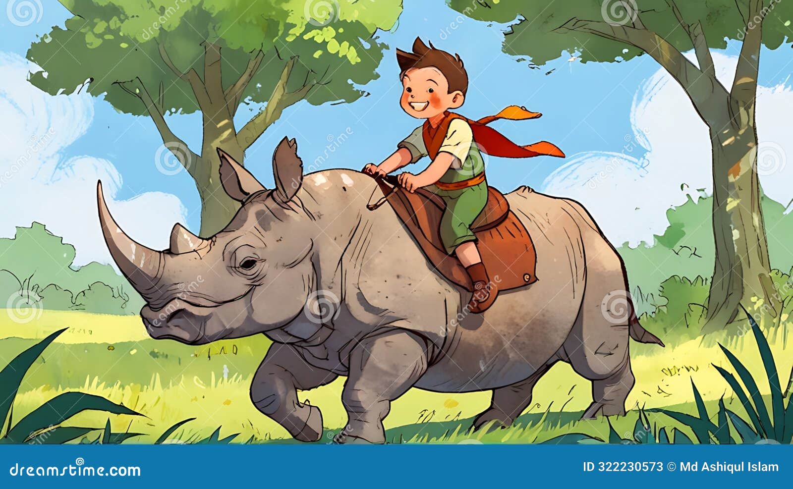A Cartoon of a Boy Riding a Rhino with a Hat on His Head Stock ...
