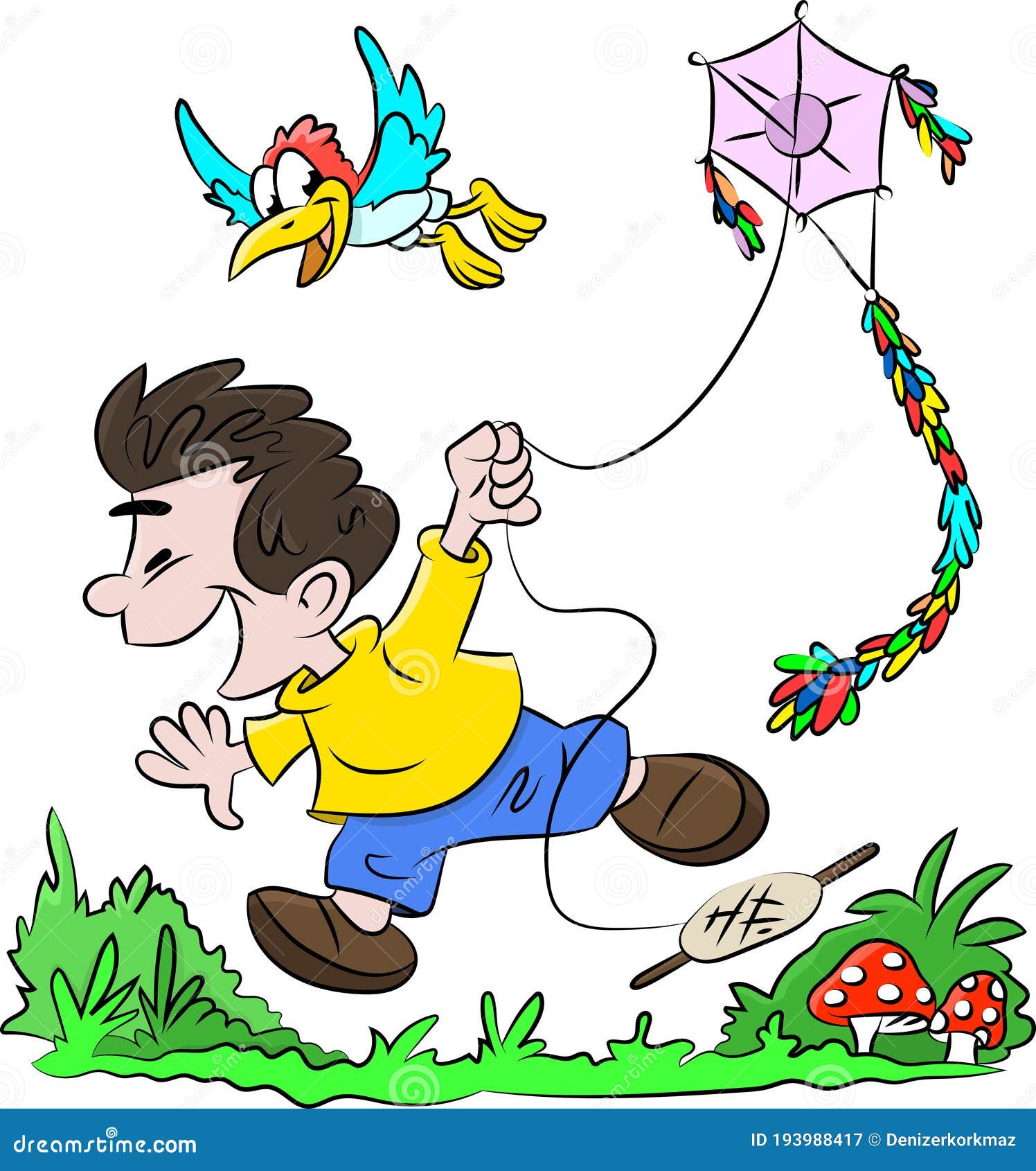 Cartoon Boy Running Happily And Flying A Kite Vector Illustration ...