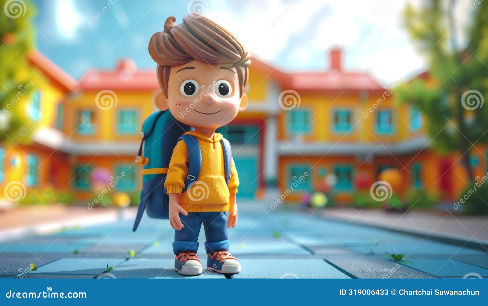 A Cartoon Boy is Standing in Front of a House with a Backpack on by AI ...