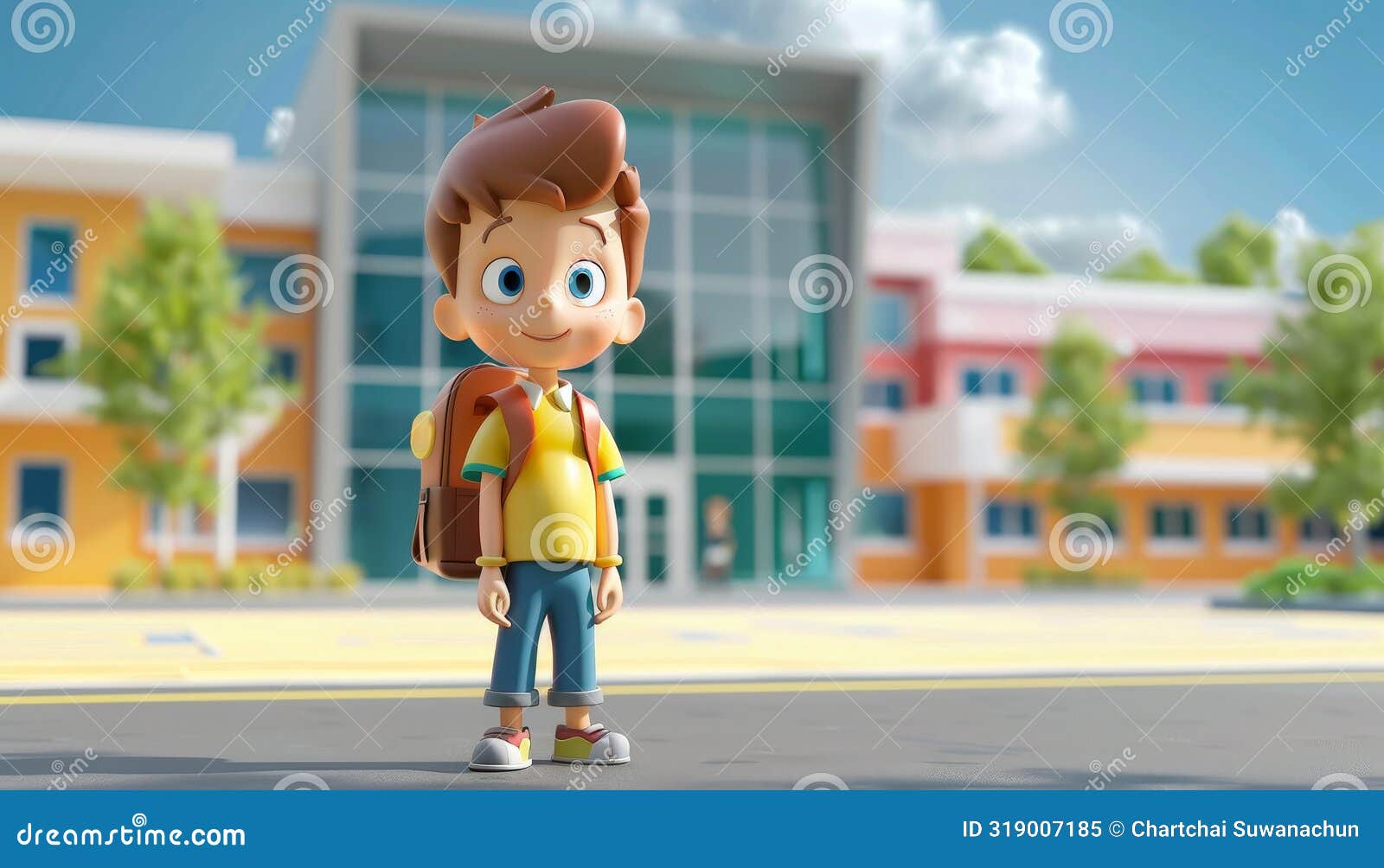 A Cartoon Boy is Standing in Front of a House with a Backpack on by AI ...
