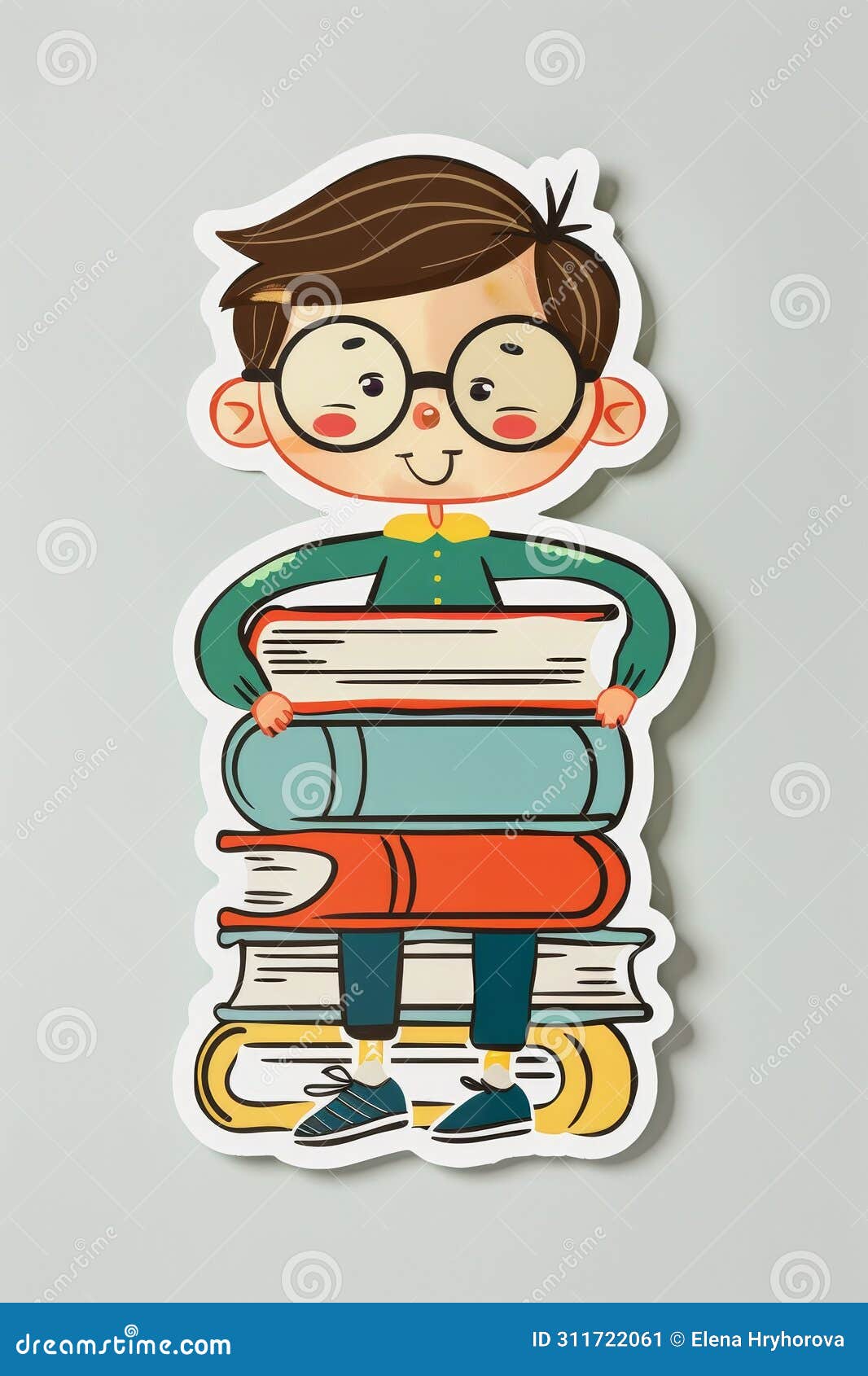 Cartoon Boy Sticker with a Stack of Books on a Desk, Featuring a ...