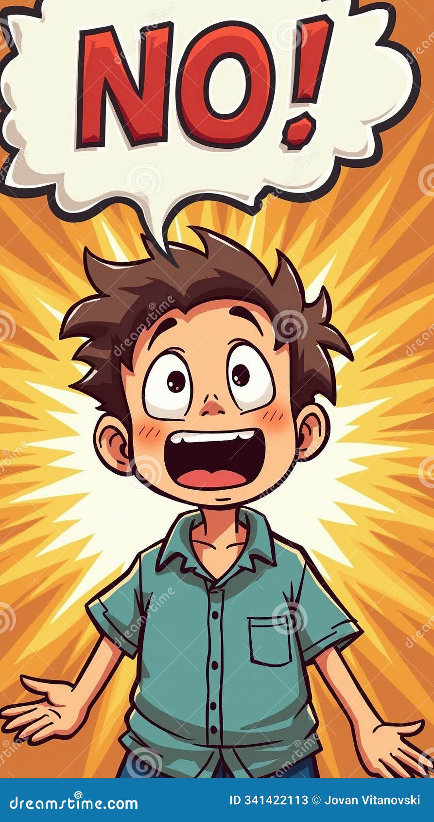 Comic Style Surprised Boy with Speech Bubble Saying No Stock ...
