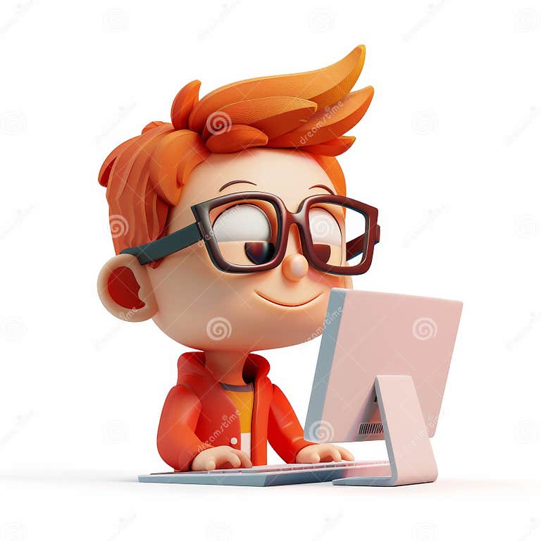 Cartoon Boy Using Computer stock illustration. Illustration of child ...