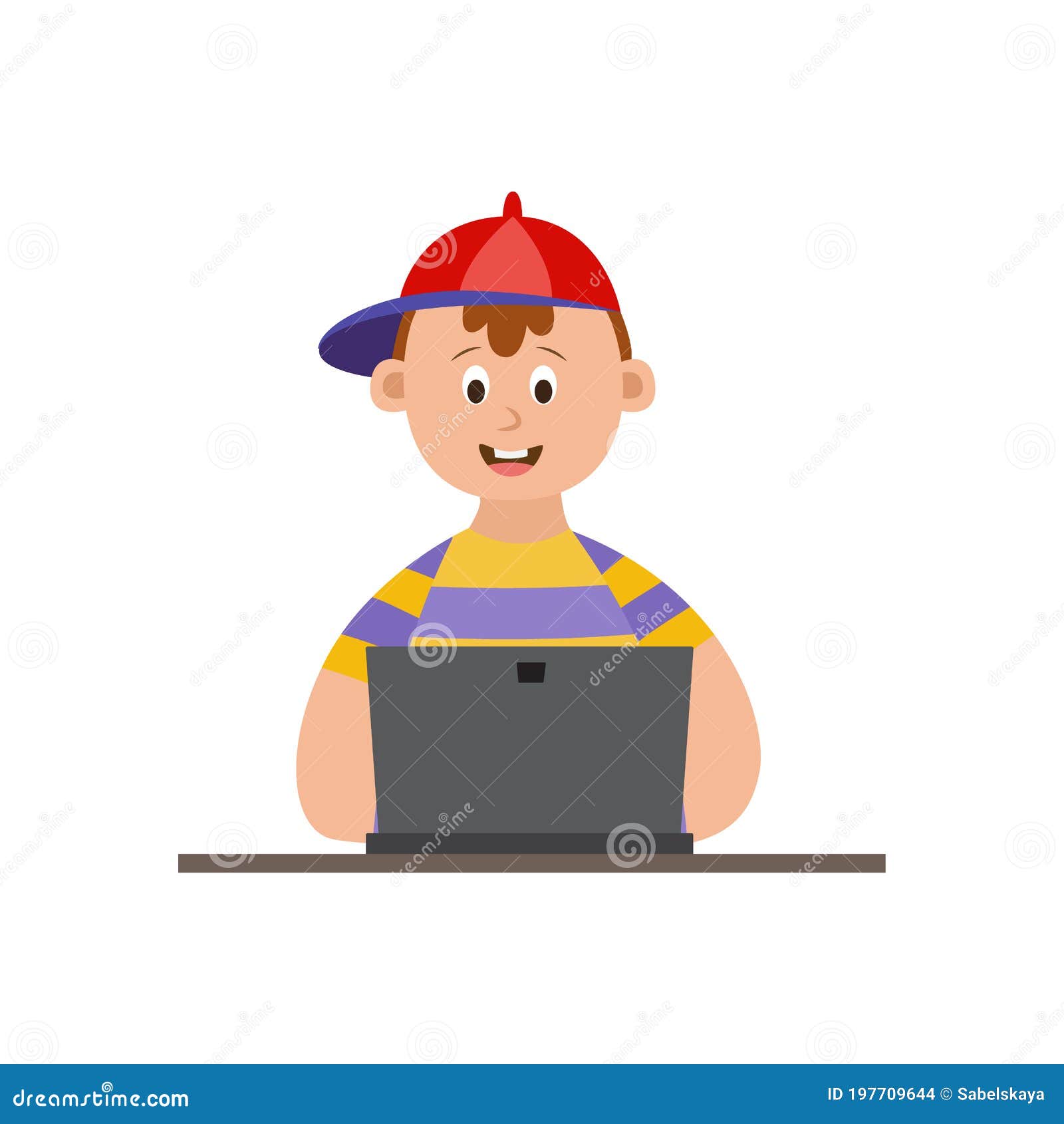Cartoon Boy Using Laptop and Smiling - Online School Pupil Stock Vector ...