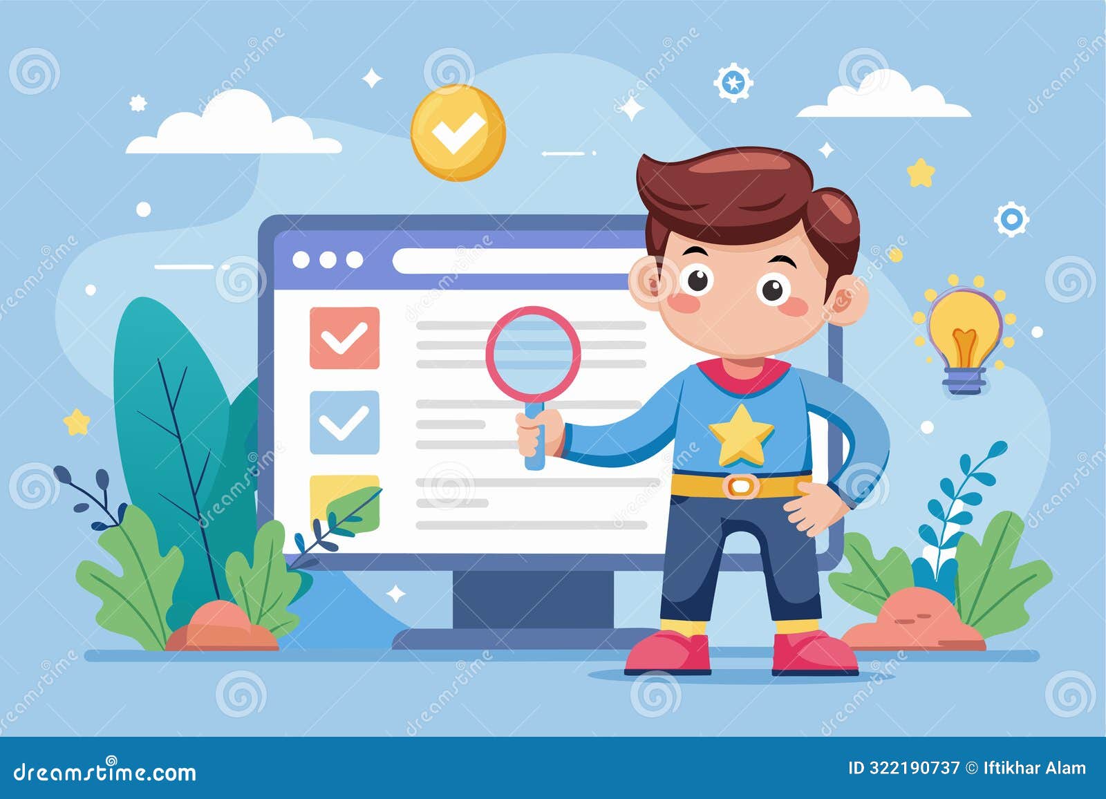 Cartoon Boy Using a Magnifying Glass To Search on a Computer with Check ...