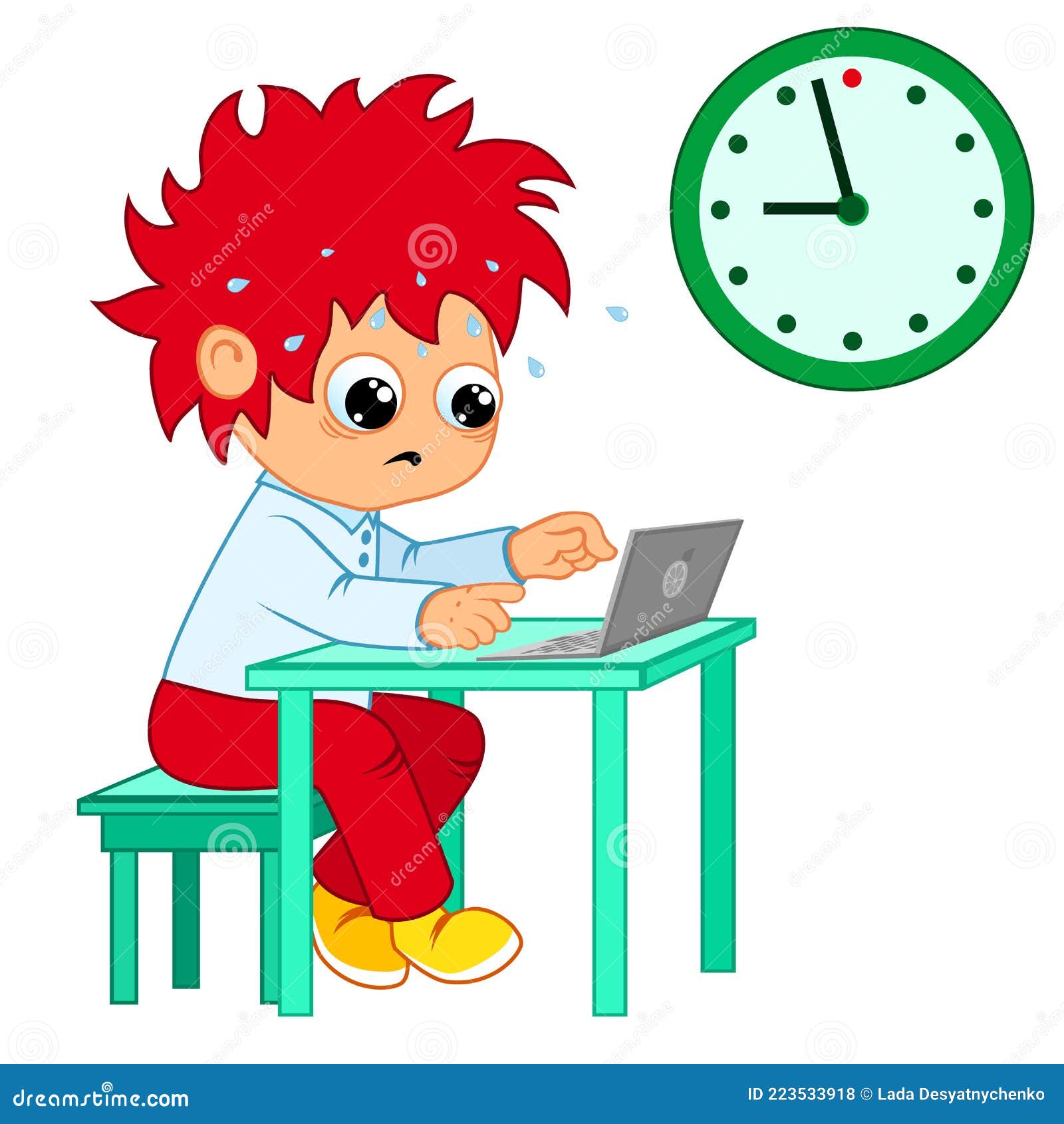 Cartoon Boy Working at a Table with Laptop. Deadline Concept Stock ...