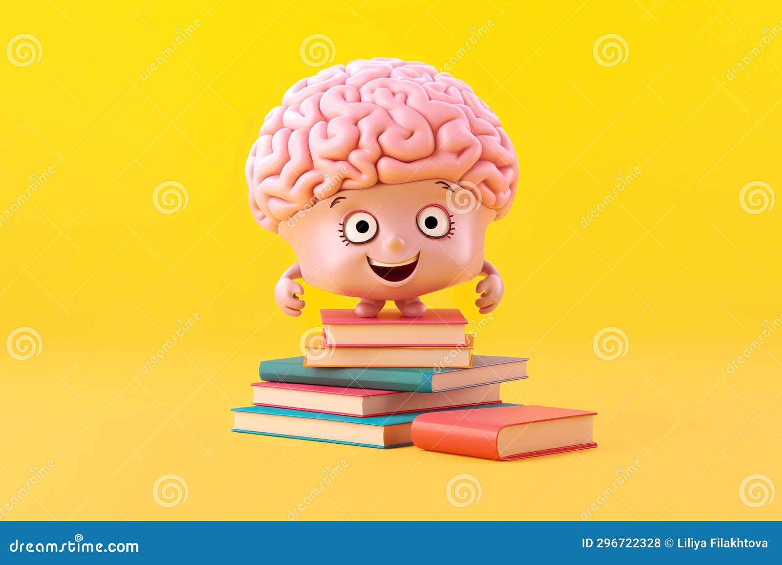 Cartoon Brain and Books on Yellow. Print Poster. Books Memory Stock ...
