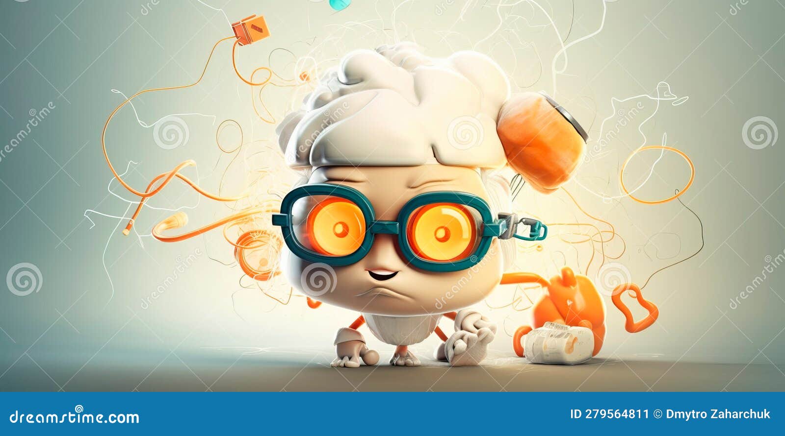 Cartoon Brain Character with Glasses and a Nerdy Expression, Surrounded ...