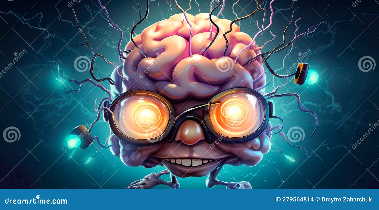 Cartoon Brain Character with Glasses and a Nerdy Expression, Surrounded ...