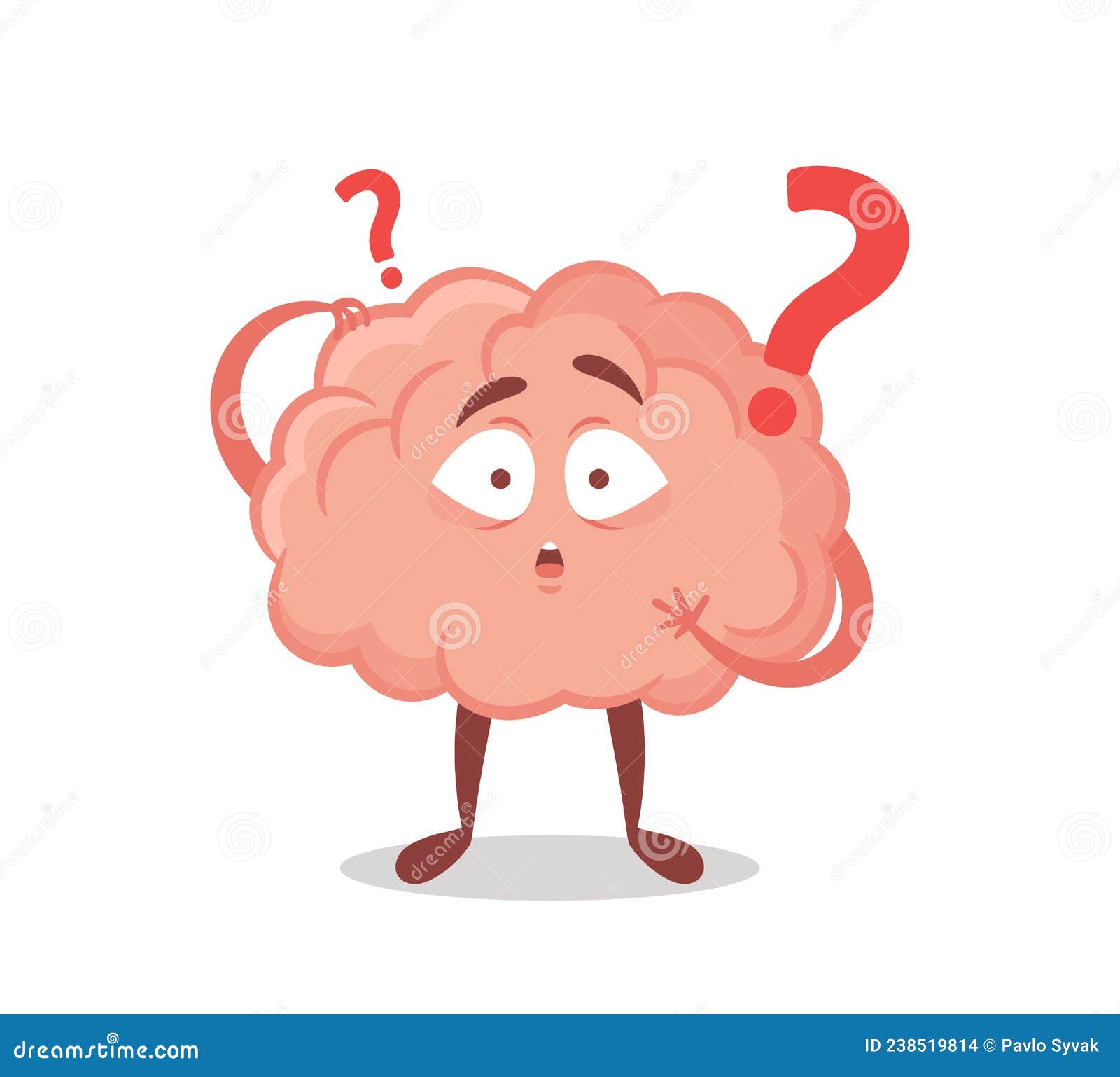 Cartoon Brain Character with Question Mark Isolated on White Background ...