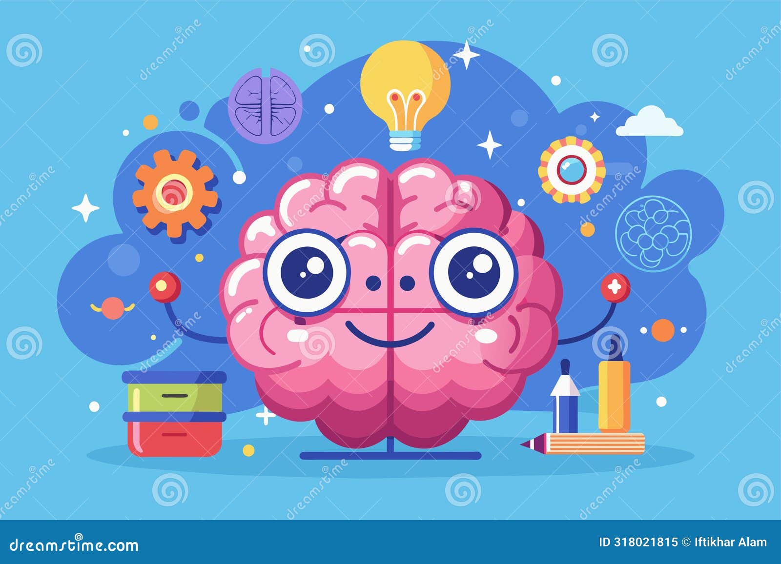Cartoon Brain with a Light Bulb Above it, Representing Creativity and ...