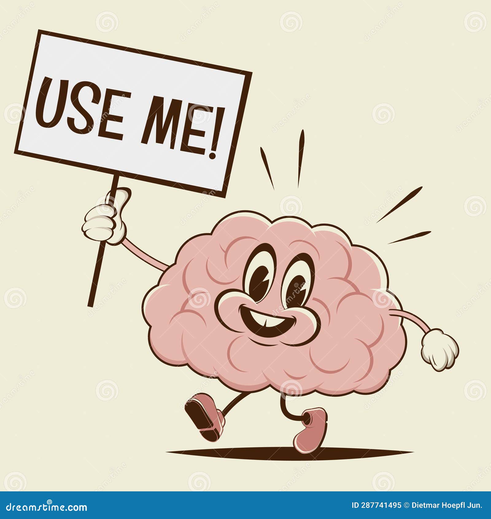 Cartoon Illustration of a Happy Walking Brain with Use Me Sign Stock ...