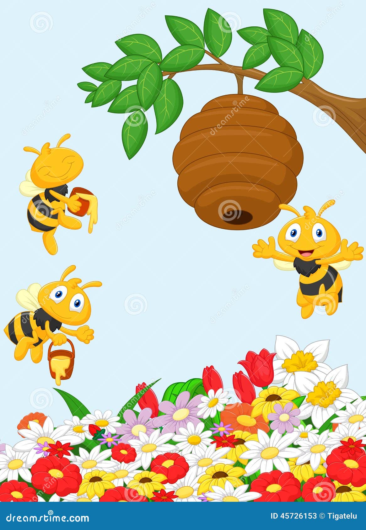 Cartoon a Branch of a Tree with a Beehive and a Bee Stock Vector ...