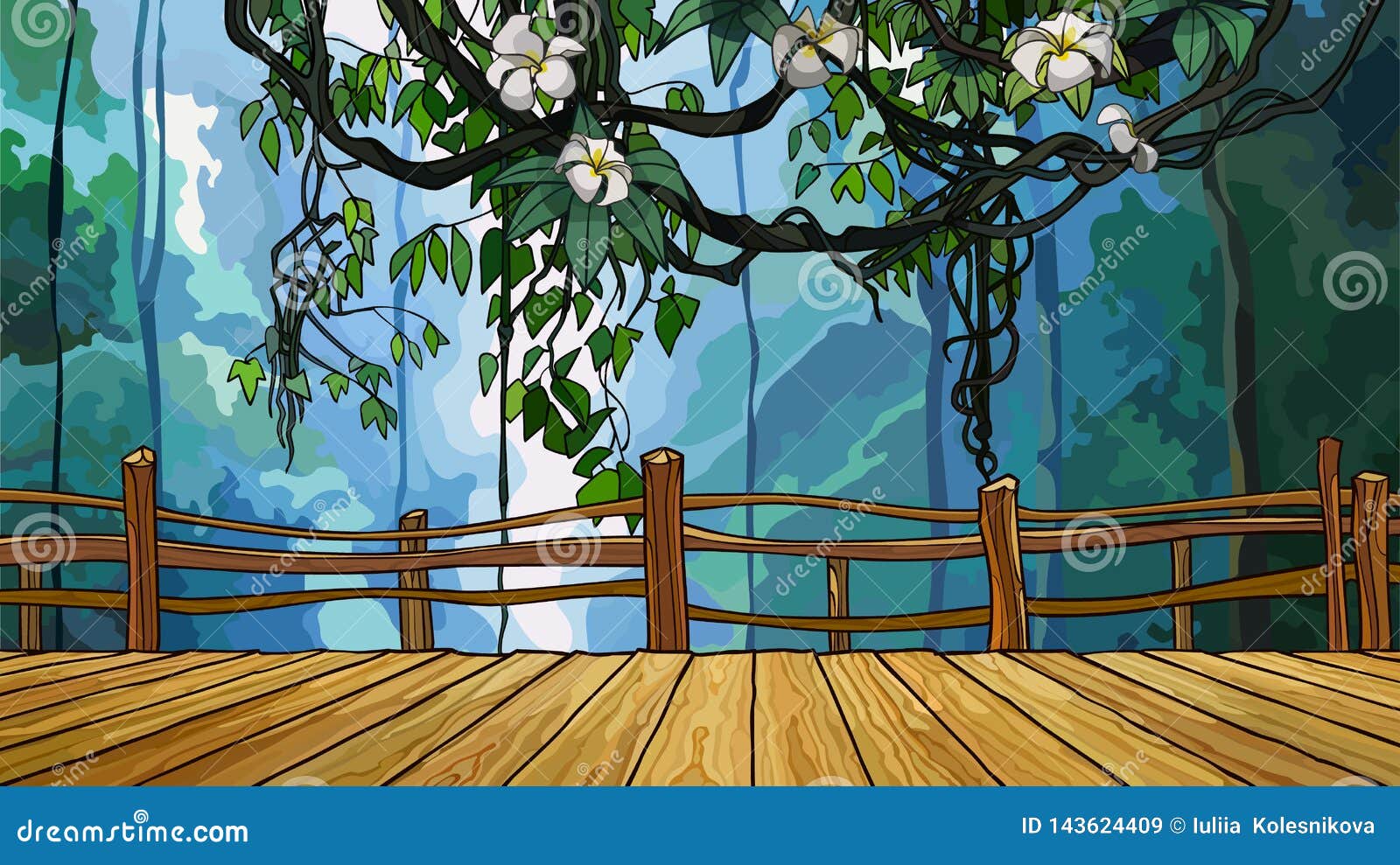 Cartoon Bridge On The Background Of Dense Jungle With Branches Of Vines