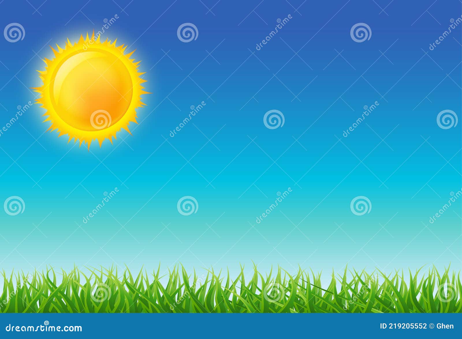 Cartoon Bright Sun Blue Sky with Green Grass. Vector Illustration Stock ...