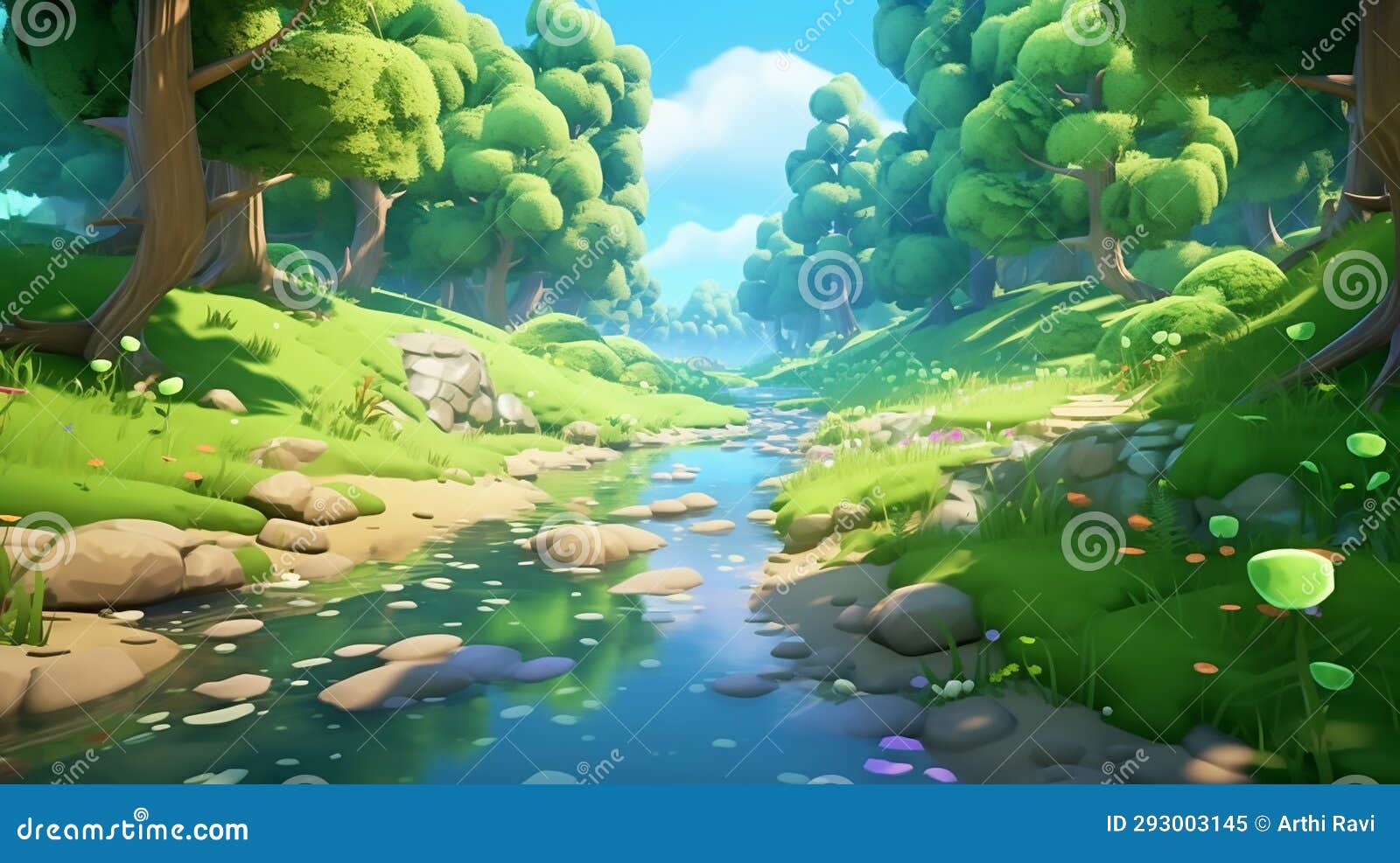 Cartoon Brook in Bright Sunny Forest Stock Illustration - Illustration ...