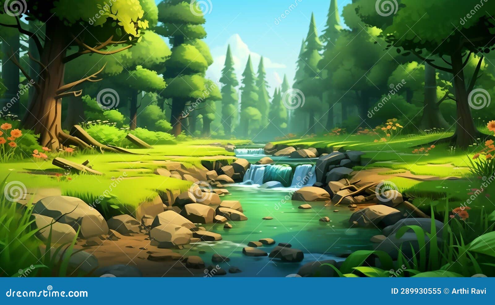 Cartoon Brook In Green Bright Summer Forest Royalty-Free Stock Photo ...