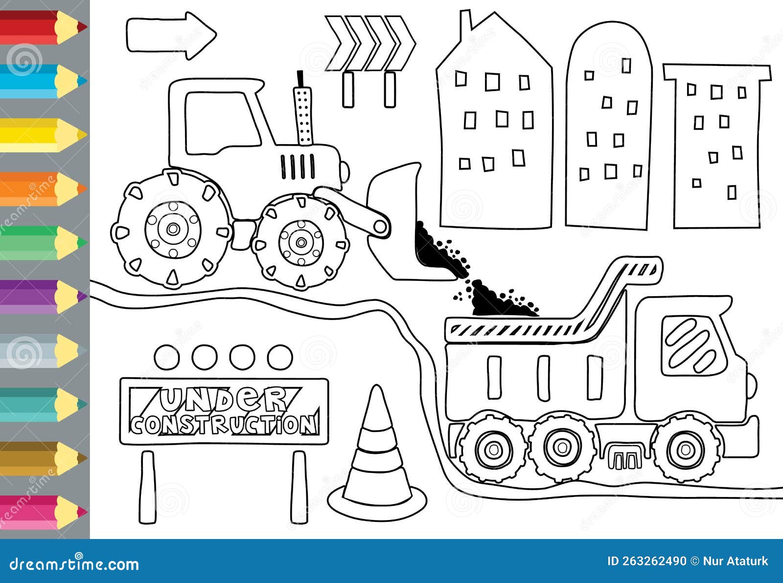 Cartoon of Building Process with Construction Vehicles, Construction ...