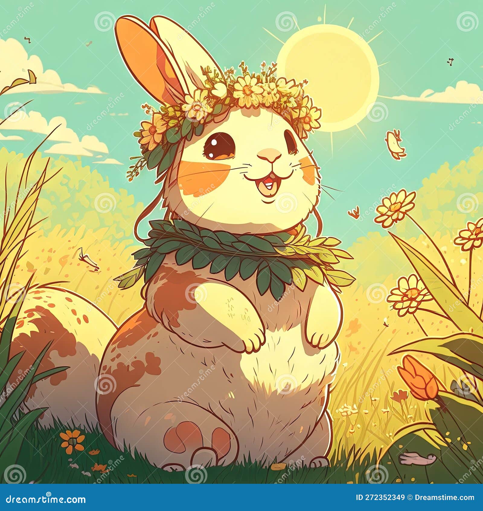 A Cartoon Bunny Sitting in the Grass with a Wreath on Its Head Stock ...