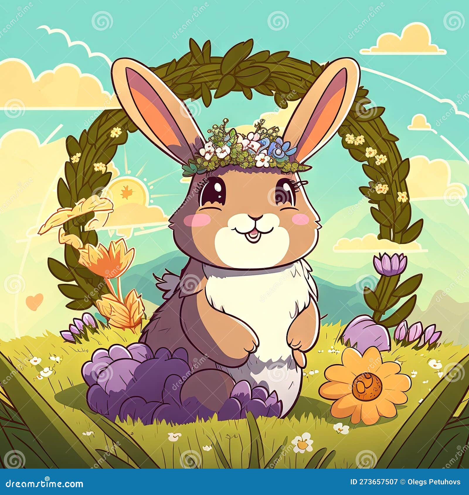 A Cartoon Bunny Sitting in the Grass with a Wreath on Its Head Stock ...