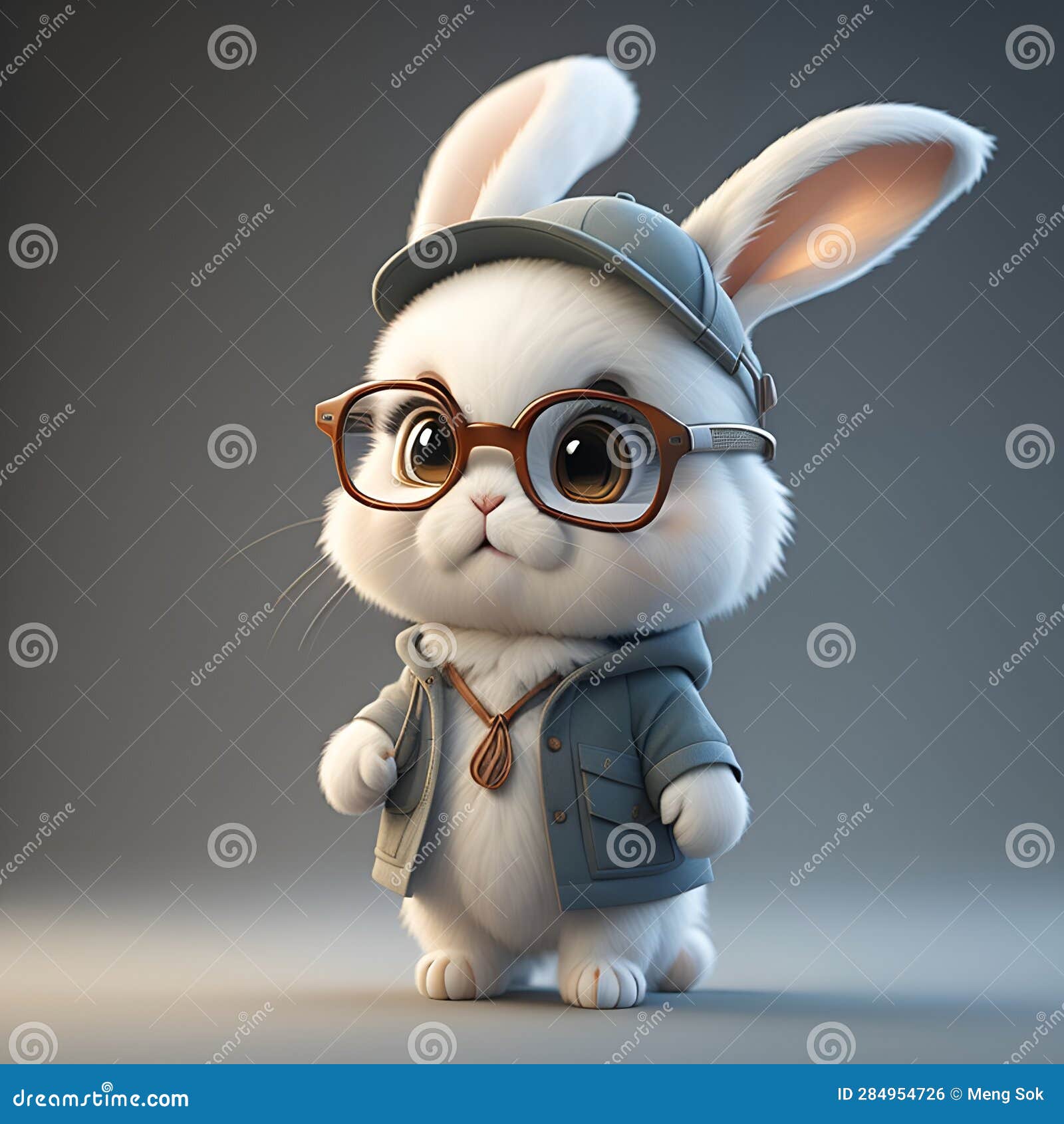 A Cartoon Bunny Wearing Glasses and a Hat on a White Background. 3d ...