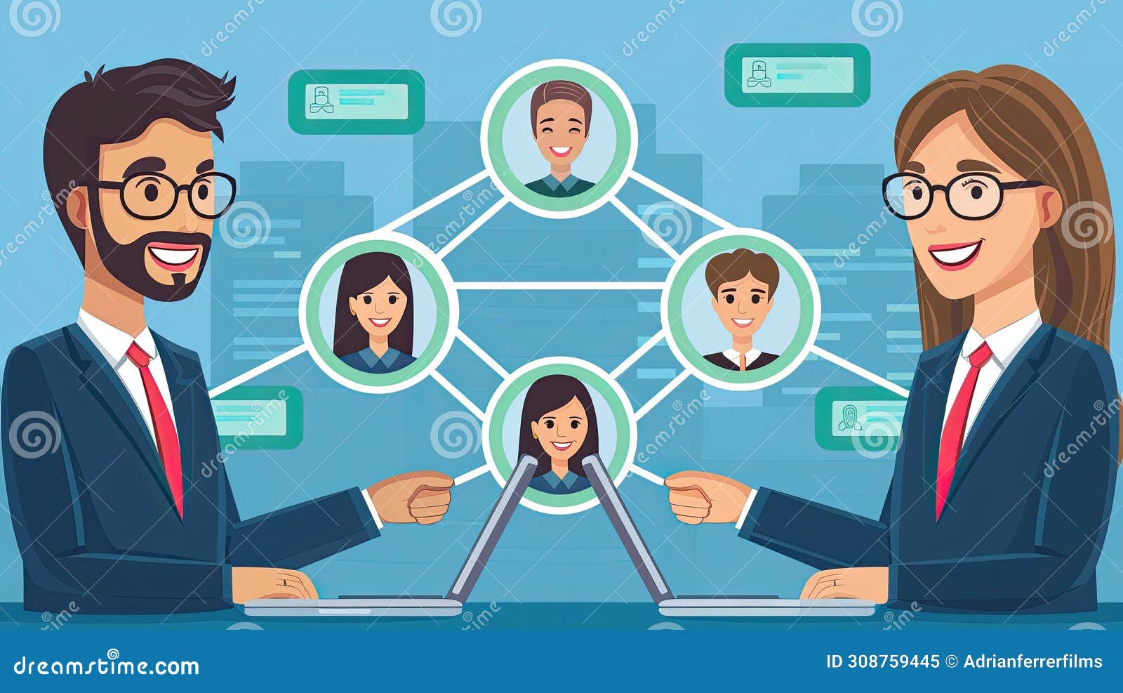 Cartoon of Business People Connected in a Networking Diagram. Stock ...