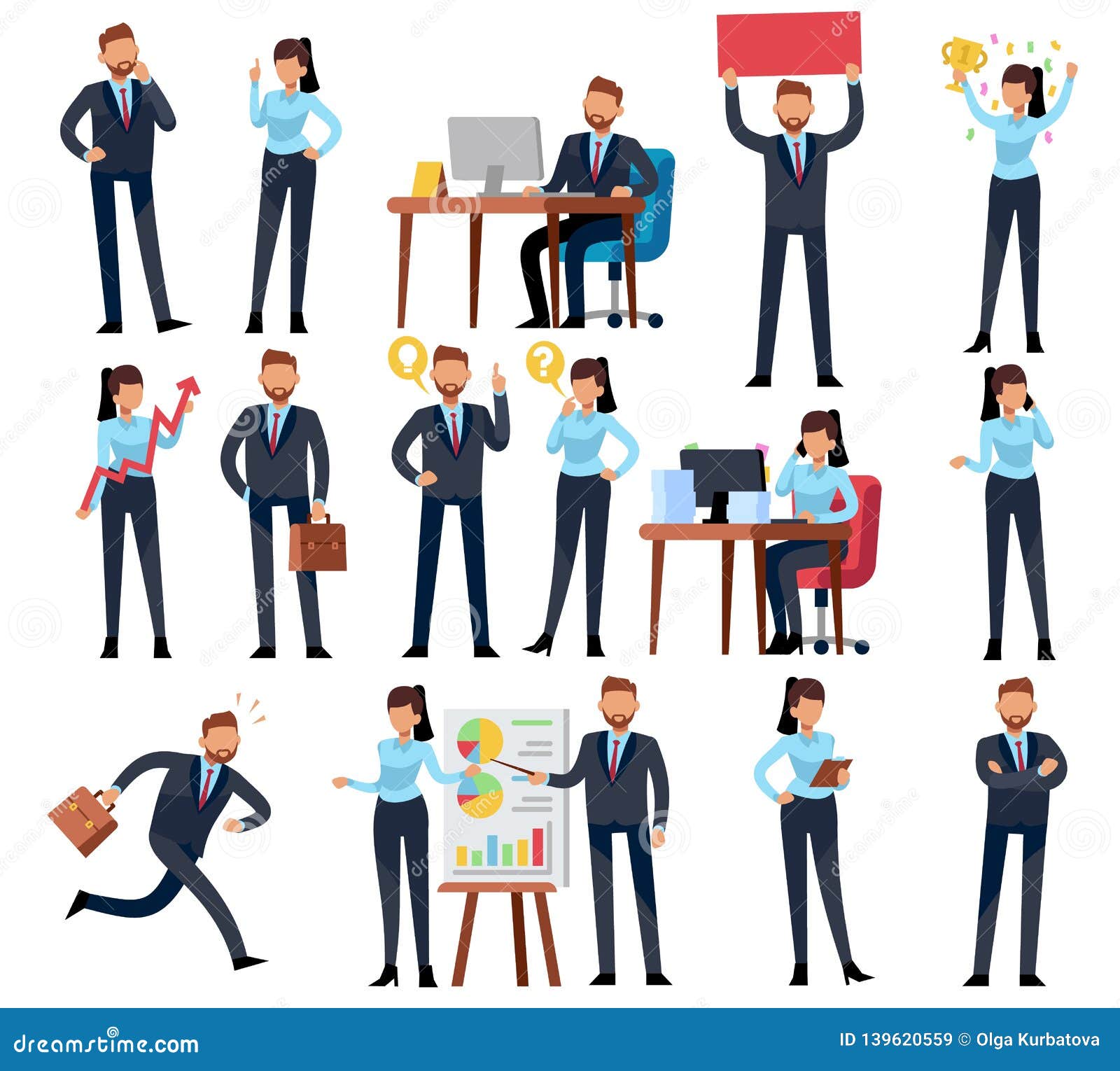 Cartoon Business Persons Businessman Professional Woman In Different