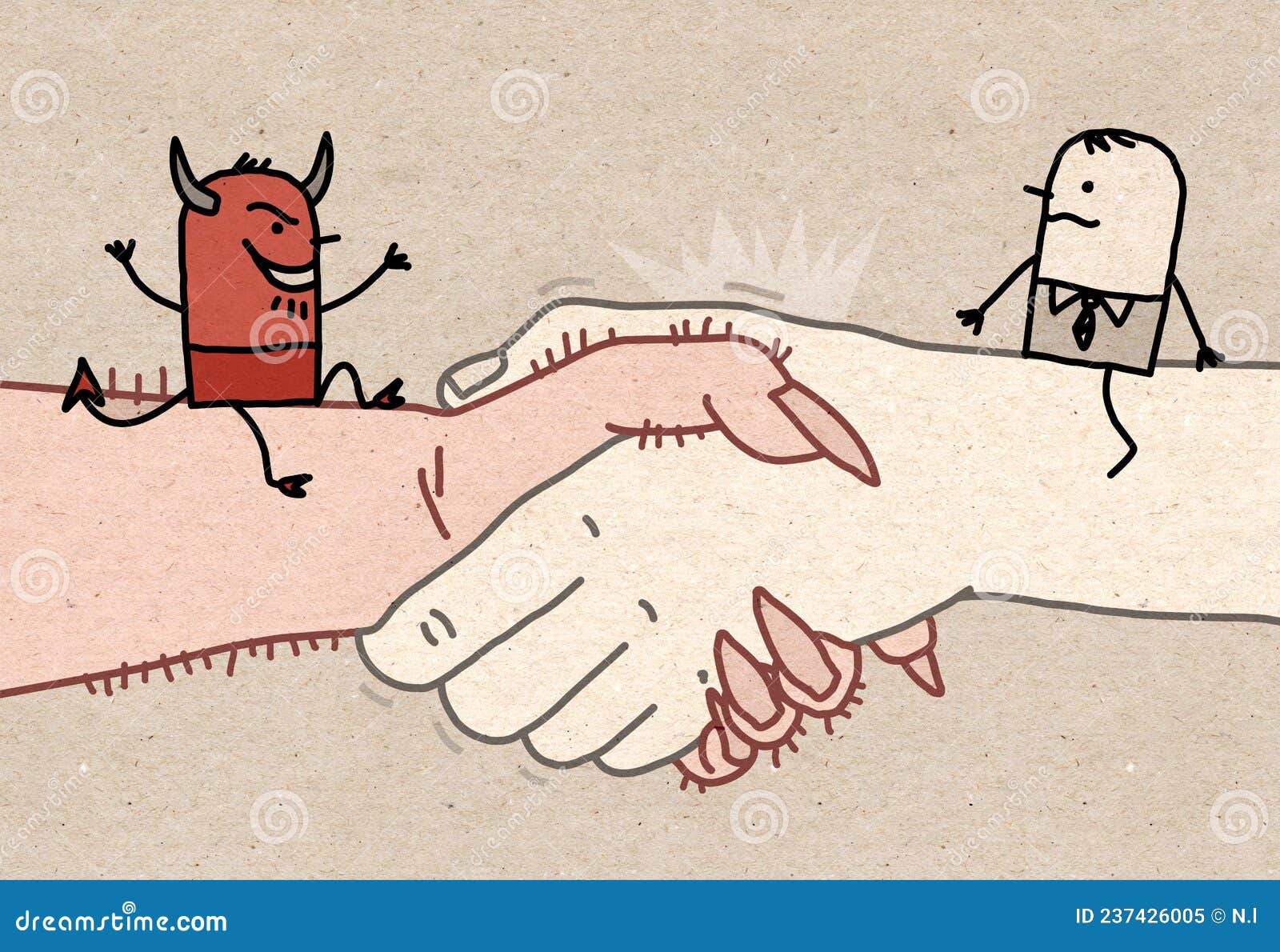Cartoon Businessman and Devil, Sitting on a Big Handshake Stock ...
