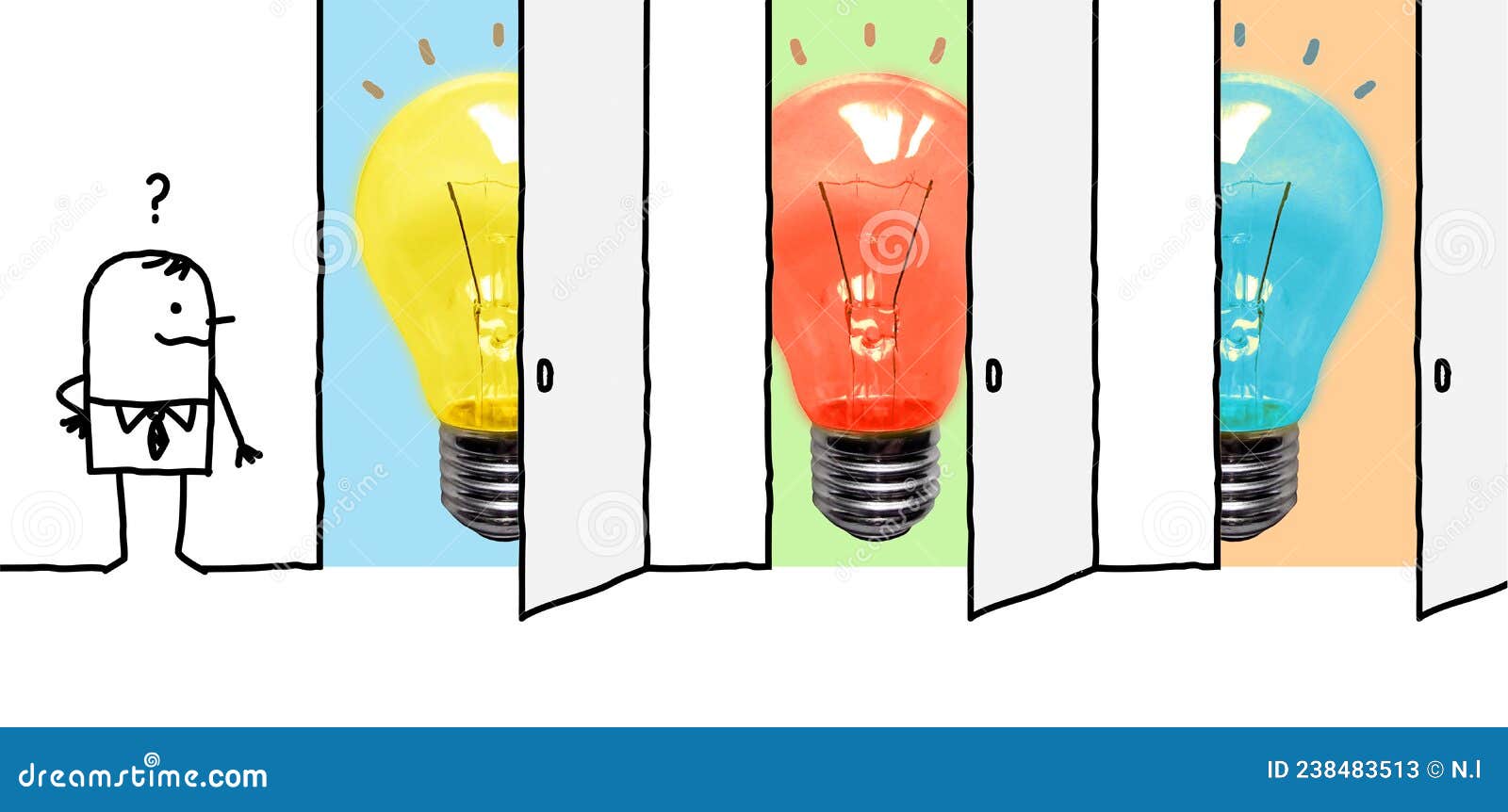 Cartoon Businessman Hesitating Front of Three Different Opened Ideas ...