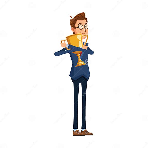 Cartoon Businessman Holding A Trophy Icon Stock Vector Illustration