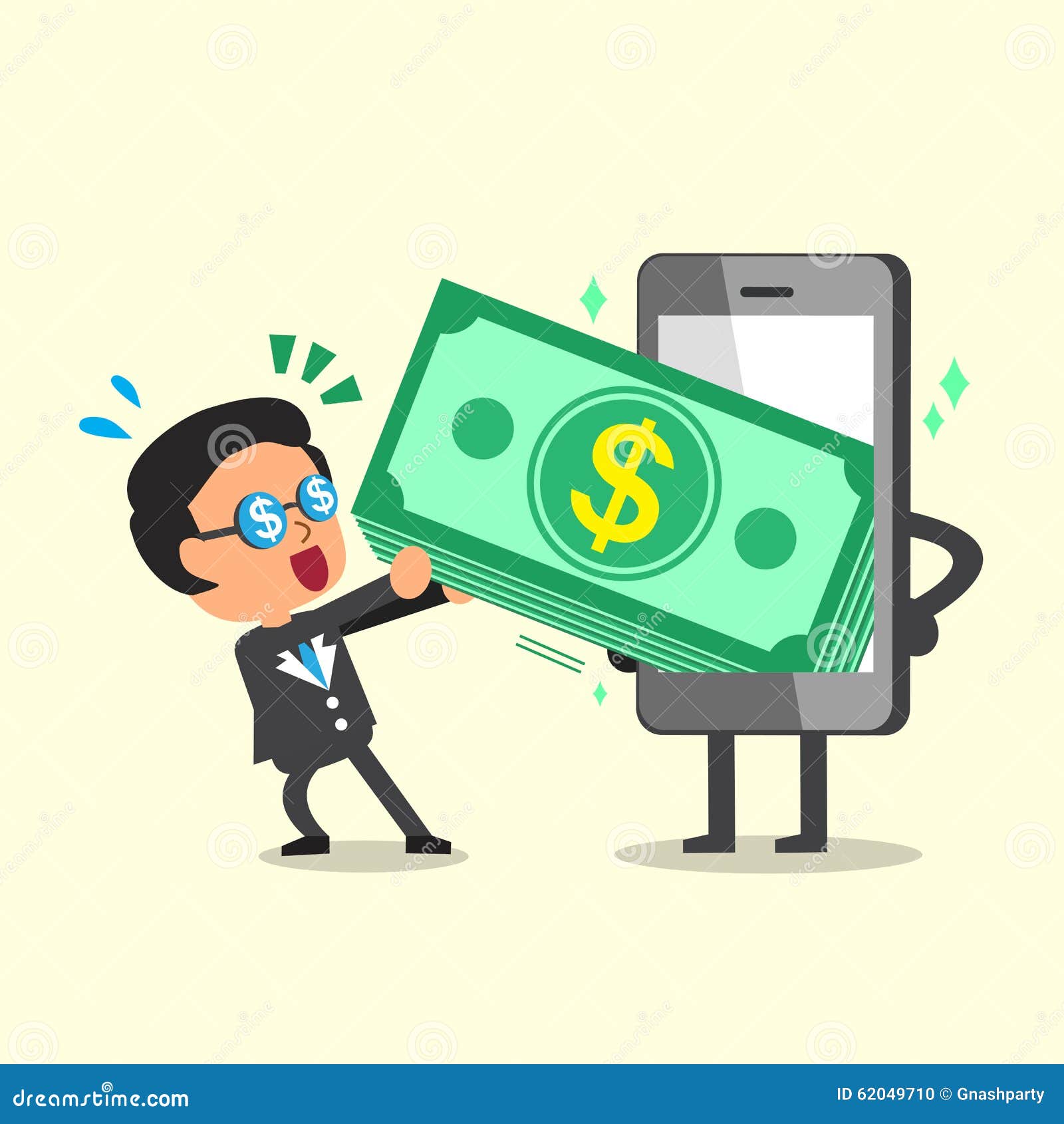 Cartoon Businessman Pulling Money Stack from Smartphone Stock Vector ...
