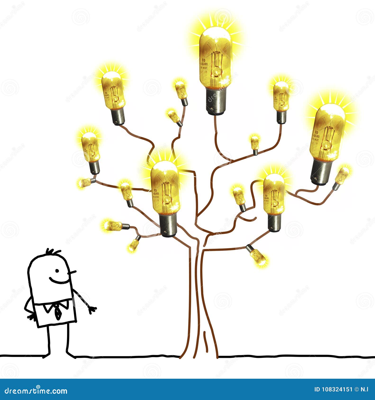 Cartoon Businessman Watching a Light Bulb Tree Stock Illustration ...
