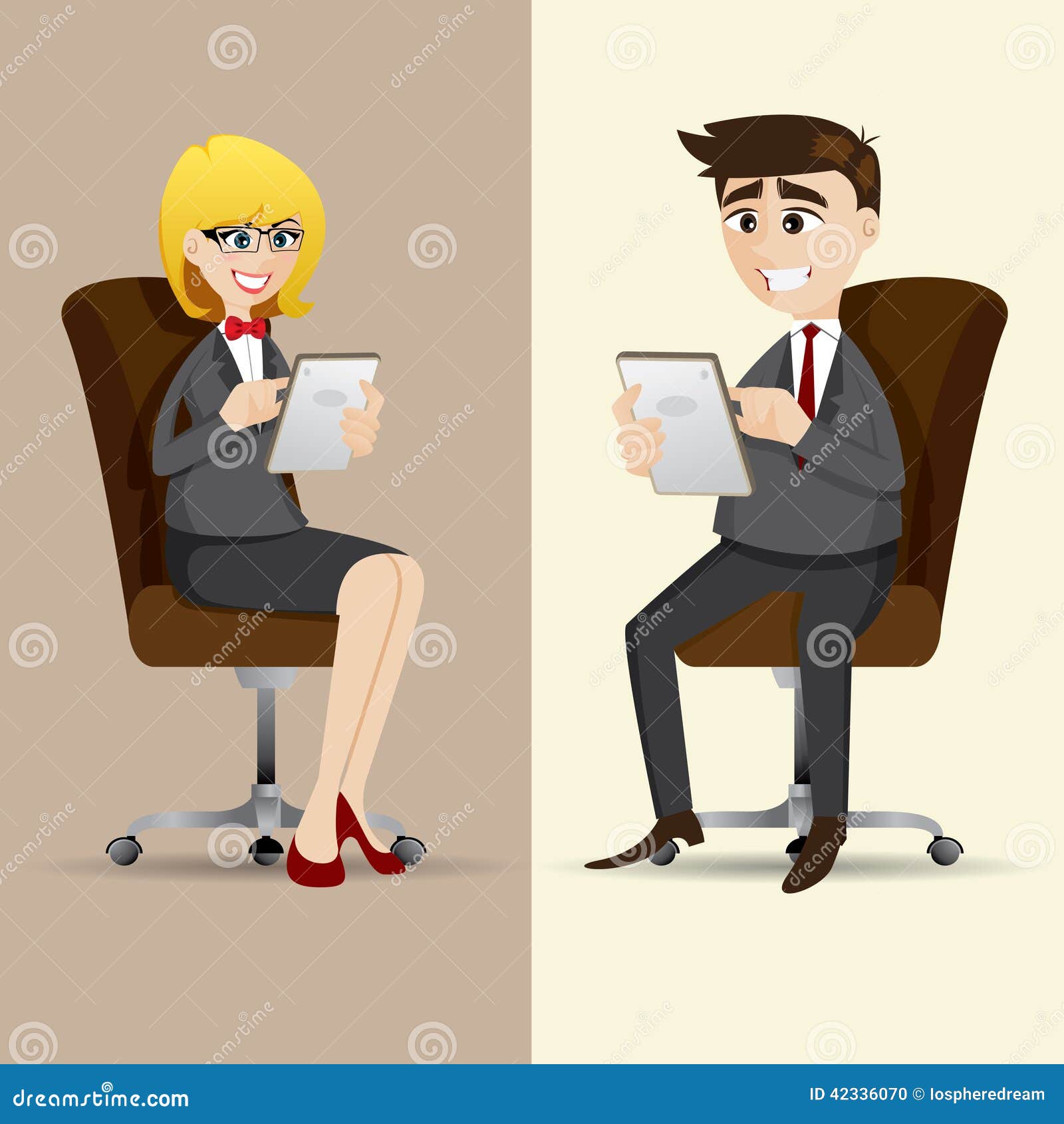 Cartoon Businesspeople Sitting On Chair And Using Tablet Vector ...