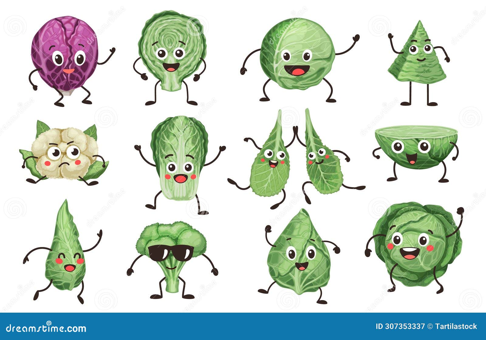 Cartoon Cabbage Characters. Vegetable Faces with Different Emotions ...