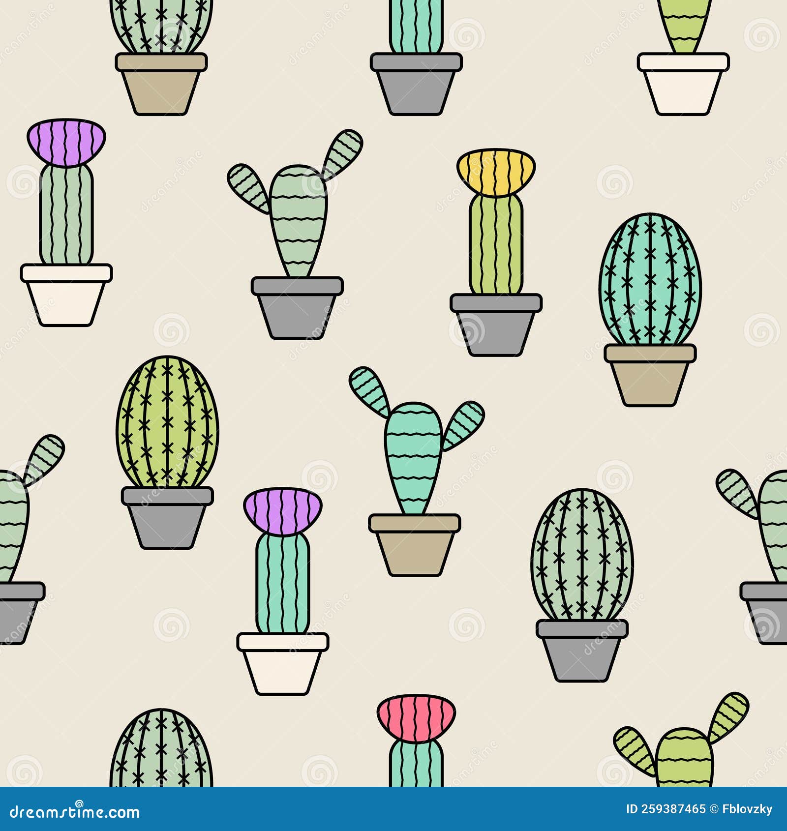 Cartoon Cacti, Seamless Pattern Stock Illustration - Illustration of ...