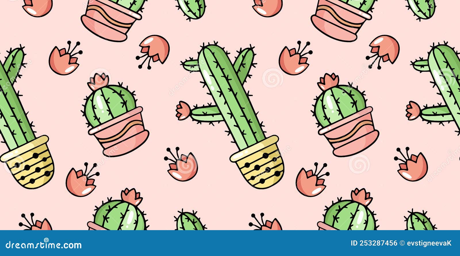 Cartoon Cacti, Vector Seamless Pattern in the Style of Doodles, Hand ...