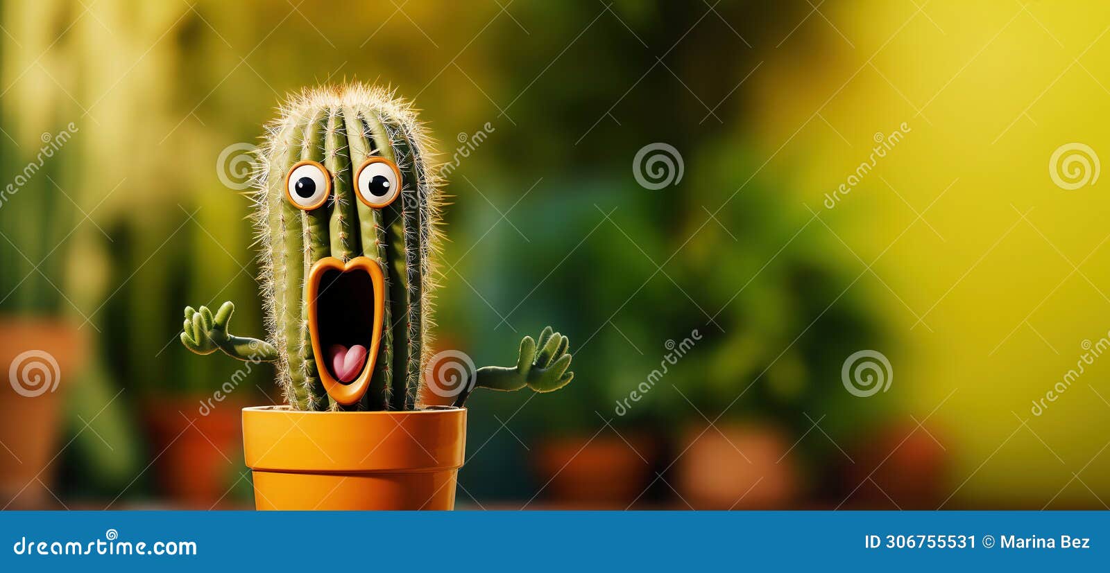 Cartoon Cactus Character with Surprised Funny Face Stock Image - Image ...