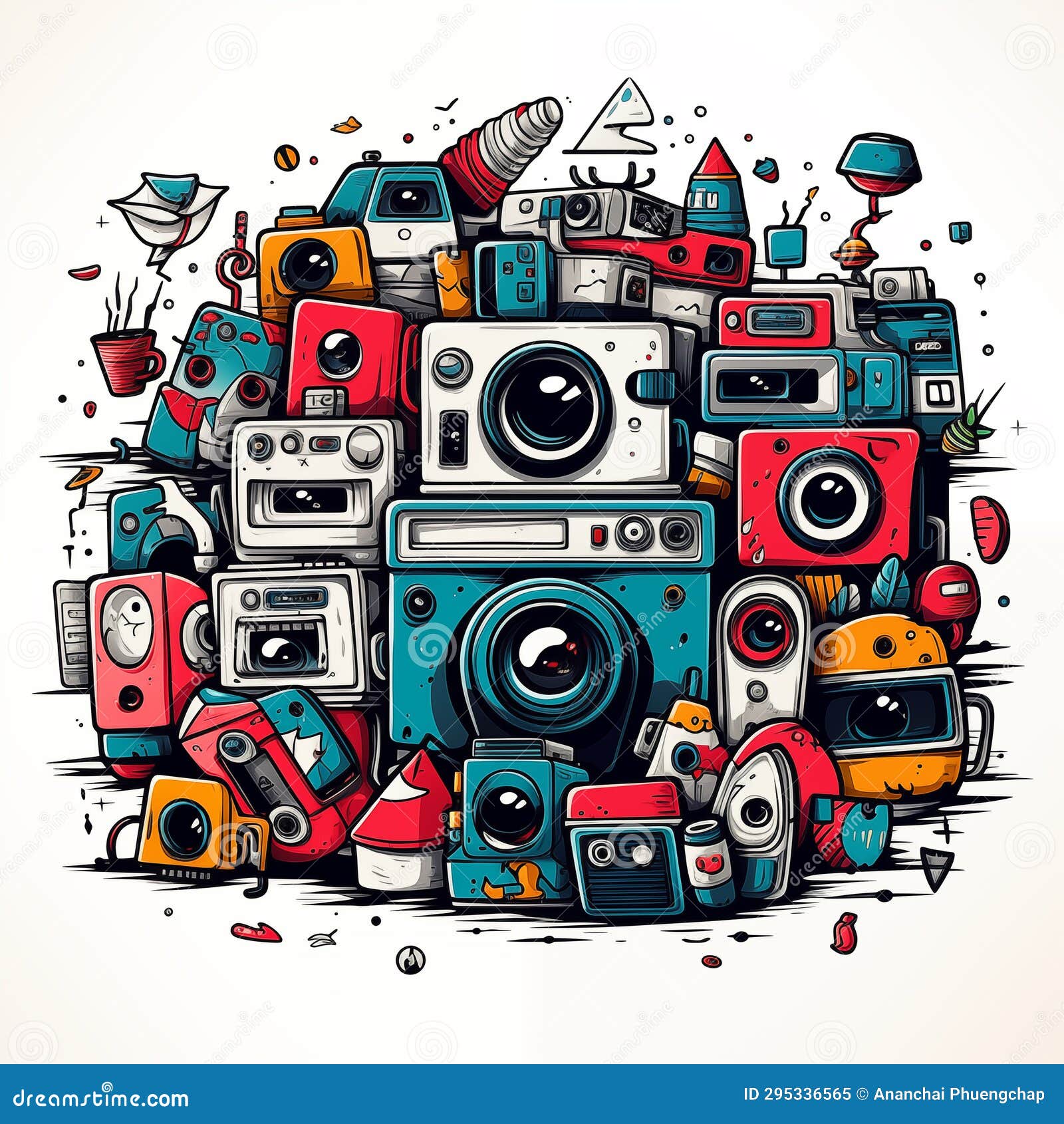 Cartoon Camera Surrounded by Electronics.Doodle Style Stock ...