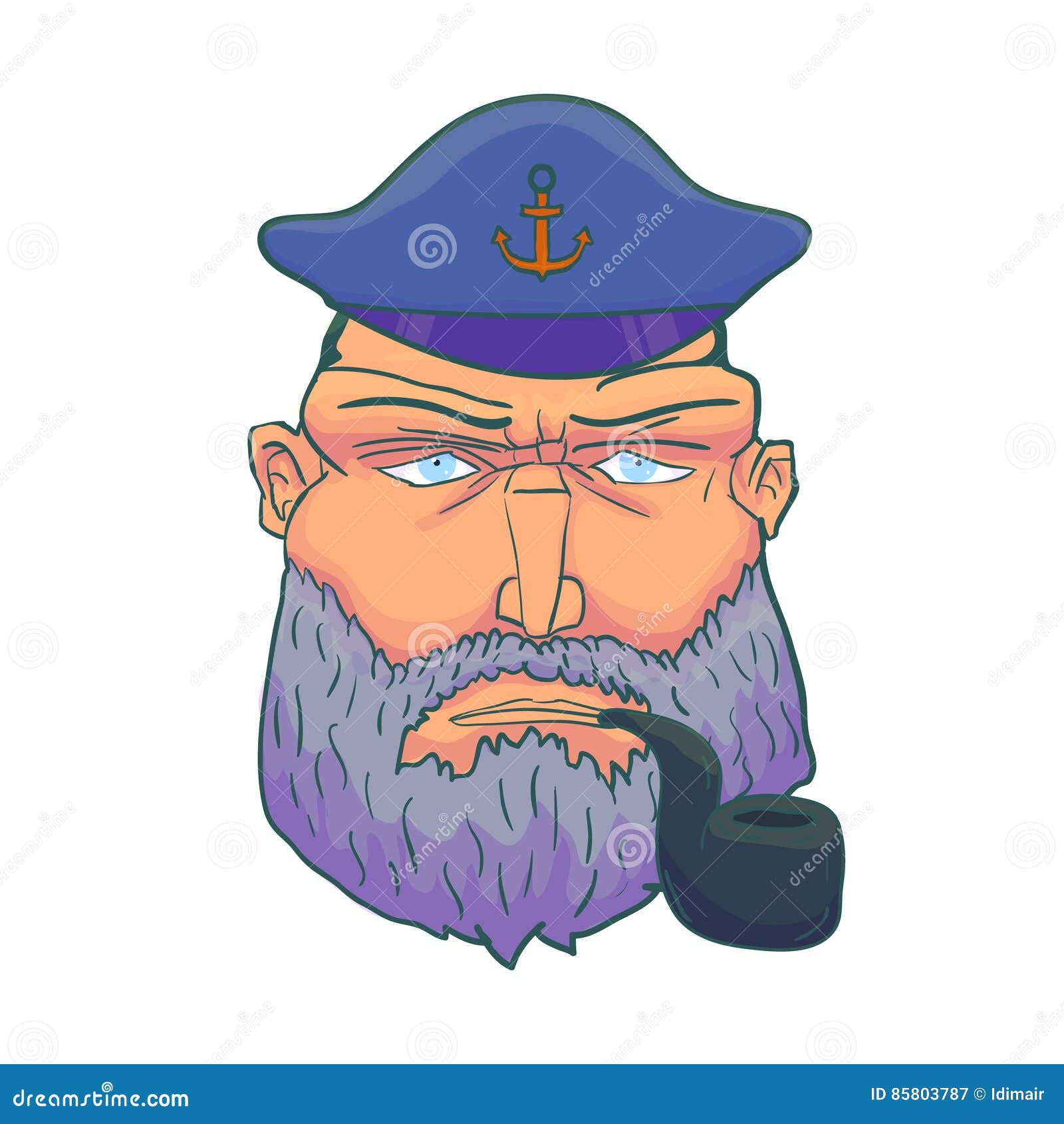 Cartoon Captain Sailor Face with Beard, Cap and Smoking Pipe. Vector ...