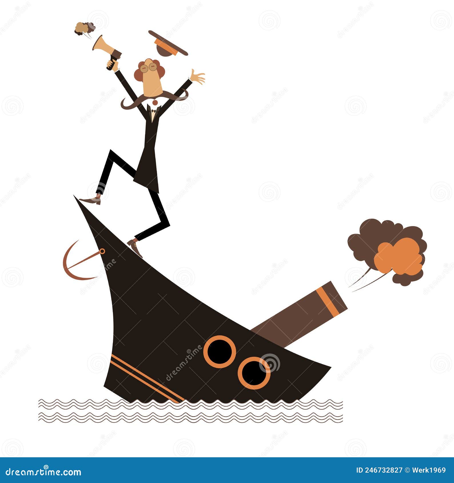Cartoon Captain of the Ship on a Sinking Ship is in Panic Stock Vector ...