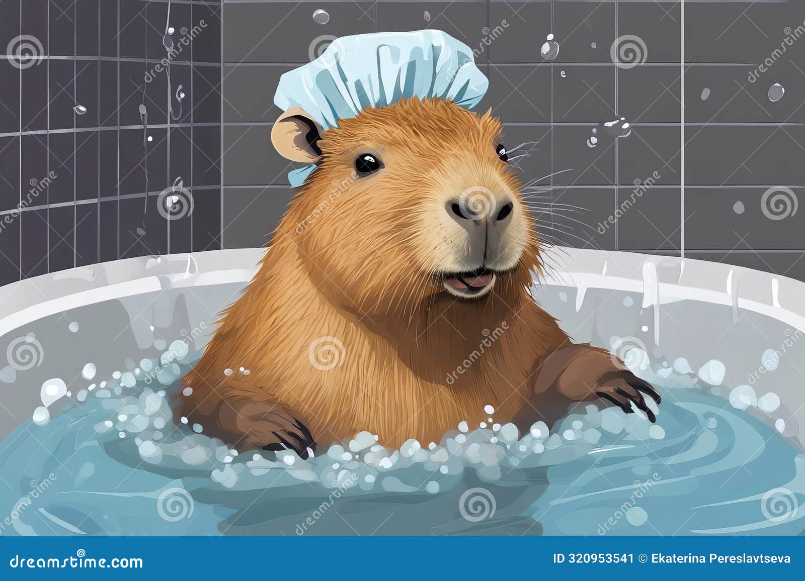 A Cartoon Capybara Wearing A Pink Shower Cap Royalty-Free Stock Photo ...