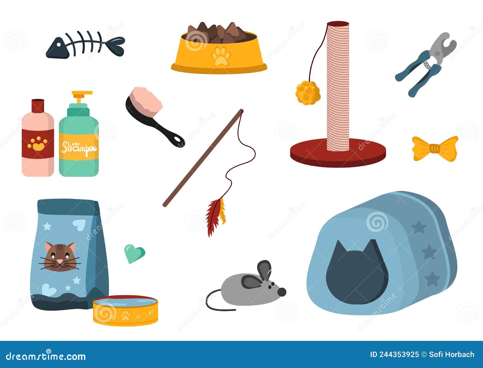 Cartoon care set for cats stock vector. Illustration of bone - 244353925
