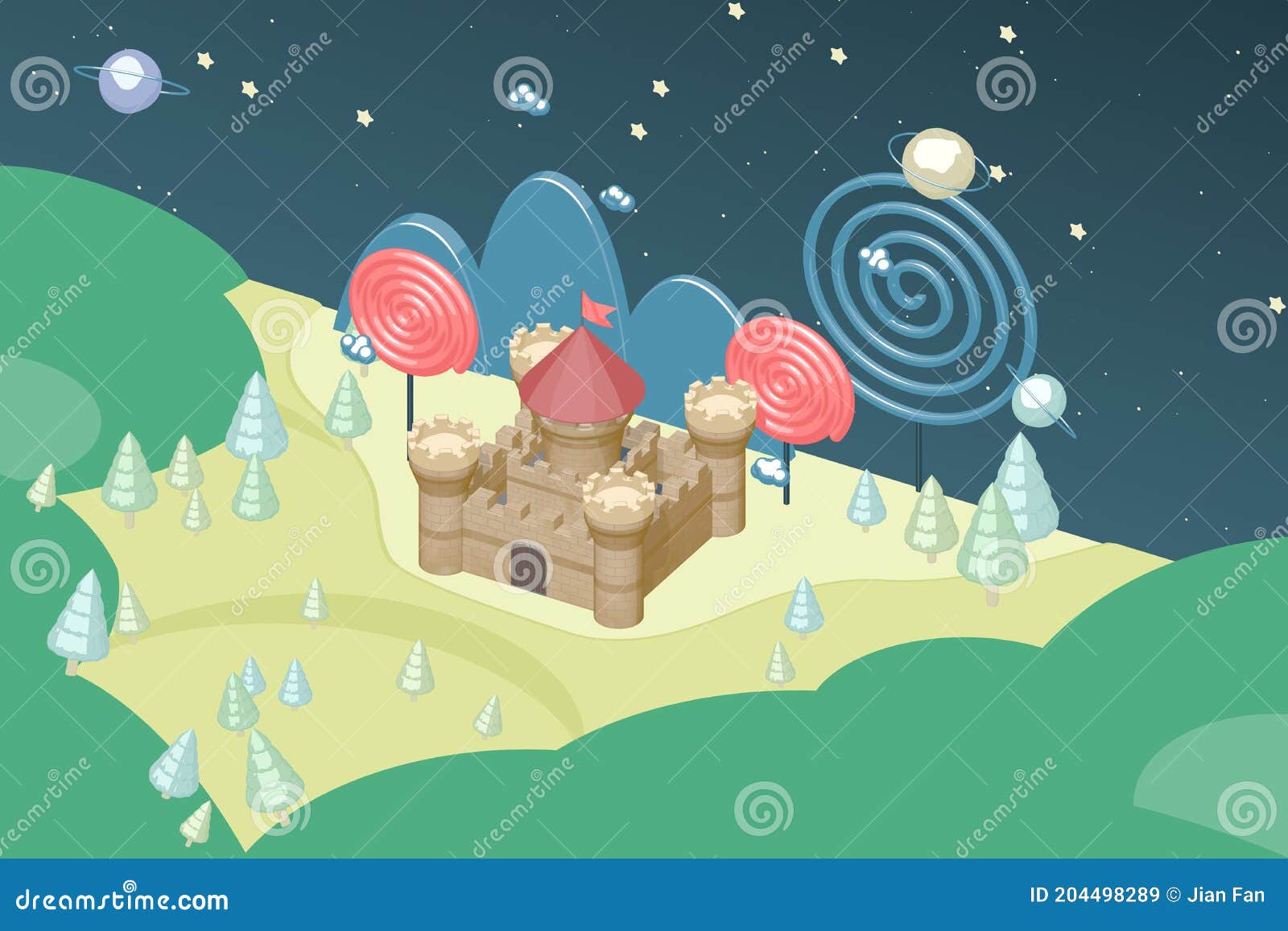 Cartoon Castle and Candy in the Wild, Raster Illustration Stock ...