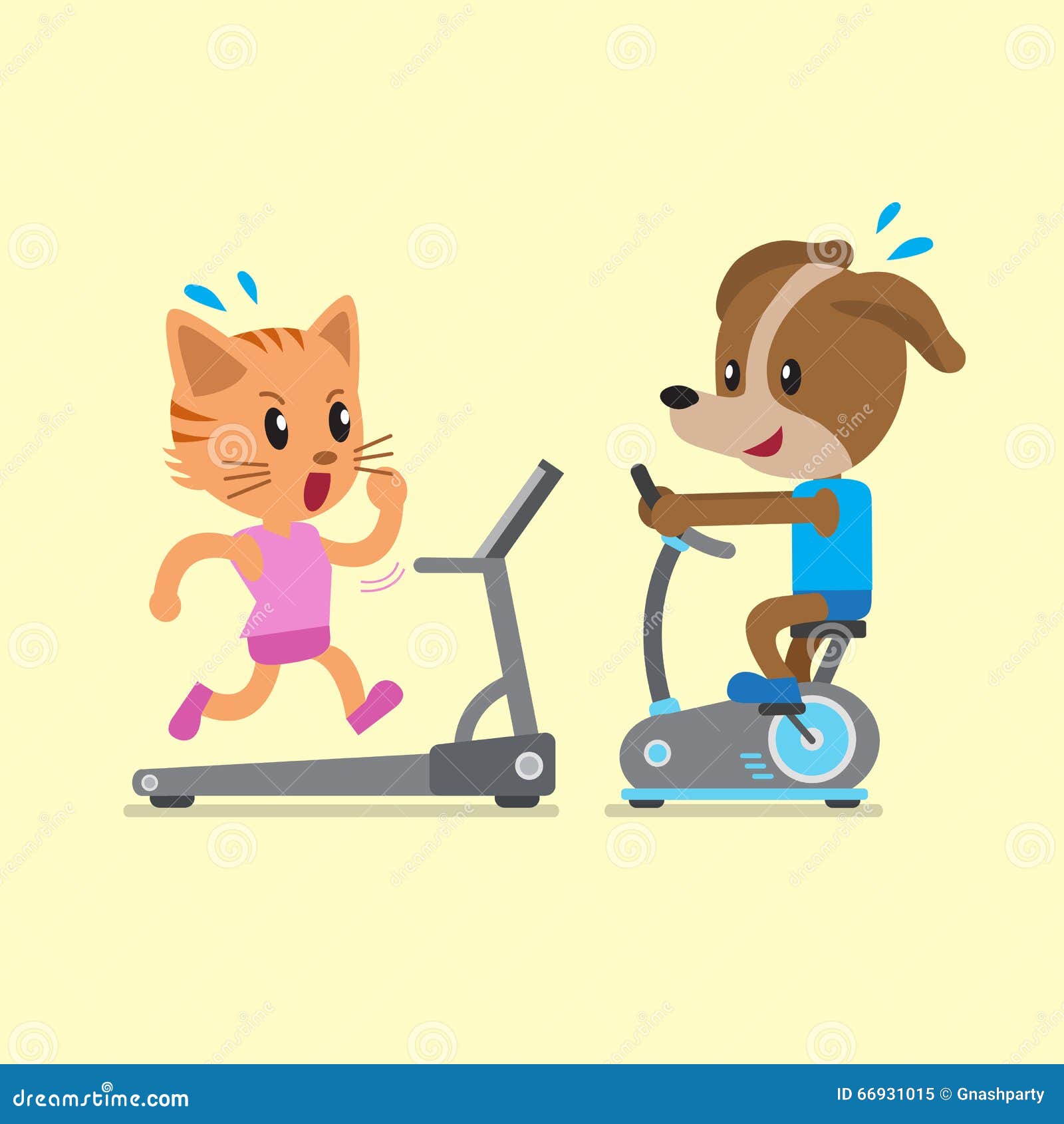 Cartoon Cat and Dog Doing Exercise with Exercise Bike and Treadmill ...
