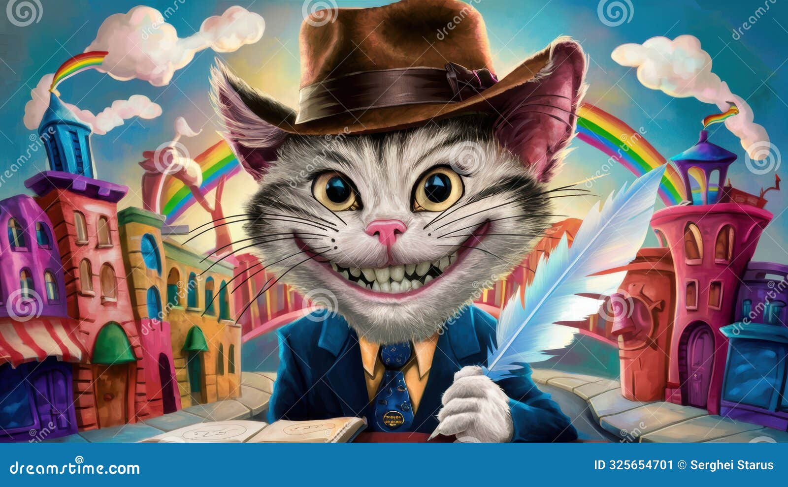 A Cartoon Cat with a Hat and Feather Holding Up a Quill, AI Stock Image ...