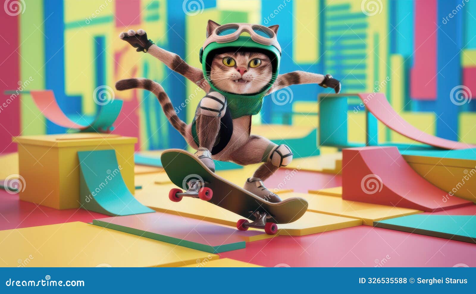 A Cartoon Cat in a Helmet Riding on Top of an Obstacle Course, AI Stock ...