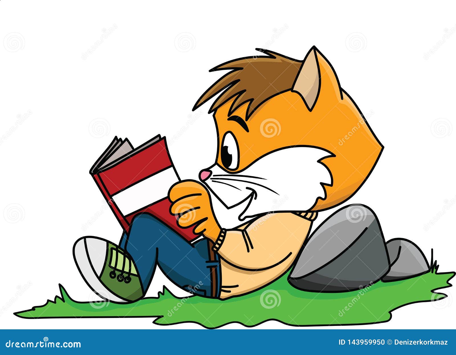 Cartoon Cat Reading a Book Lying on Grass Vector Stock Vector ...