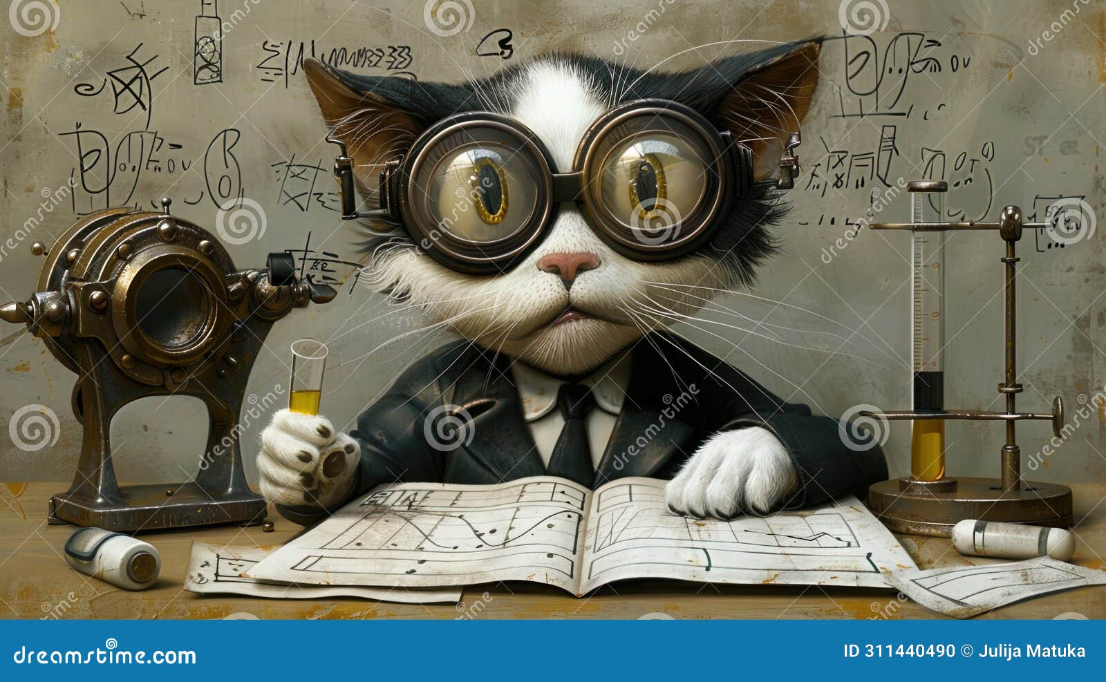 Cartoon Cat Researcher Surrounded by Laboratory Instruments Conducting ...