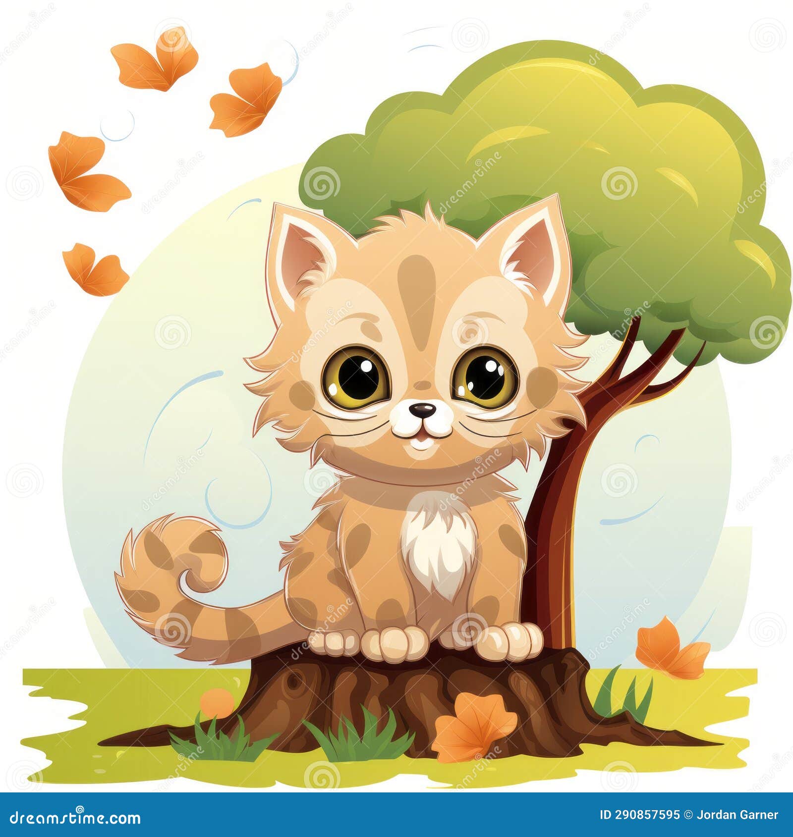A Cartoon Cat Sitting Under a Tree with Autumn Leaves in the Background ...
