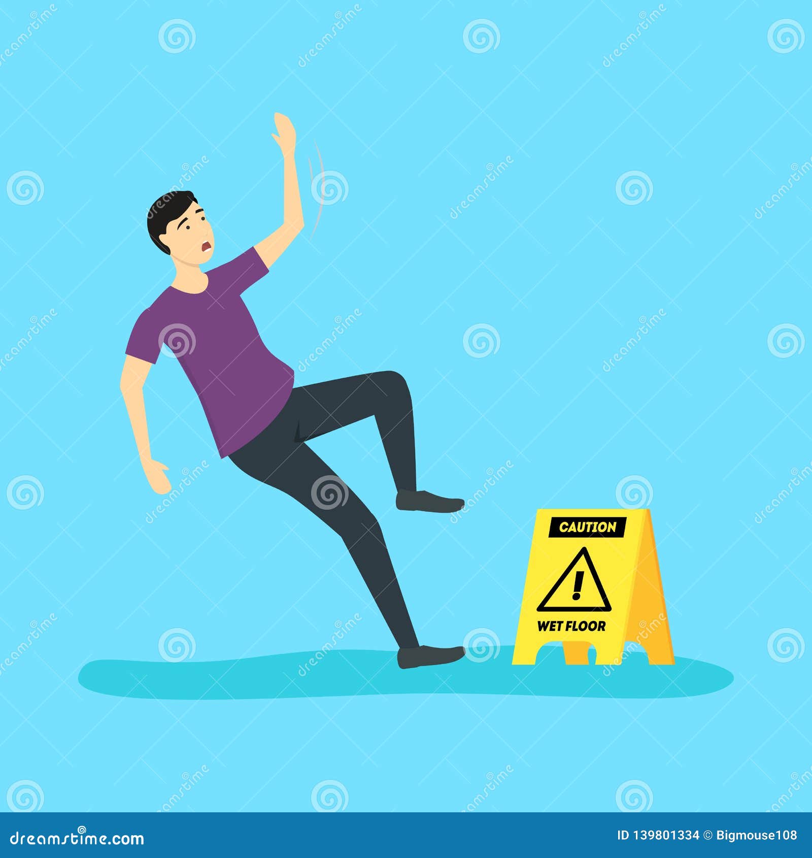 Cartoon Caution Wet Floor With Character Man Vector Stock Vector